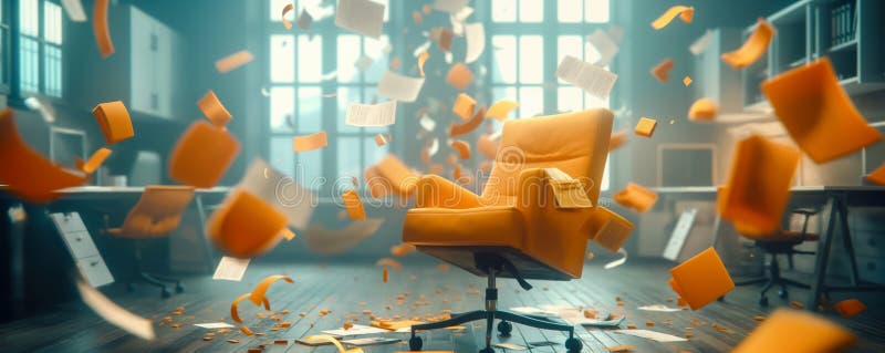 Office Chair with Flying Papers in Modern Workspace Stock Image - Image ...
