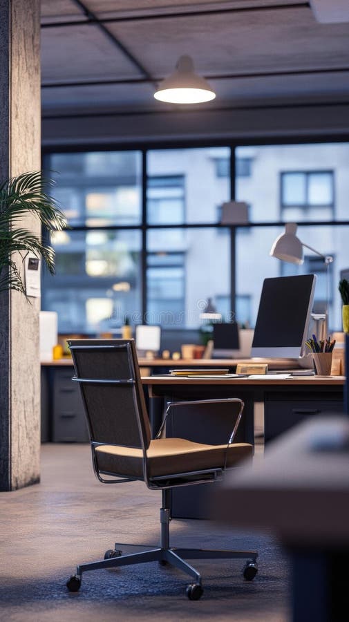 Office Chair Stands by Desk in Quiet Room with Modern Design Theme ...