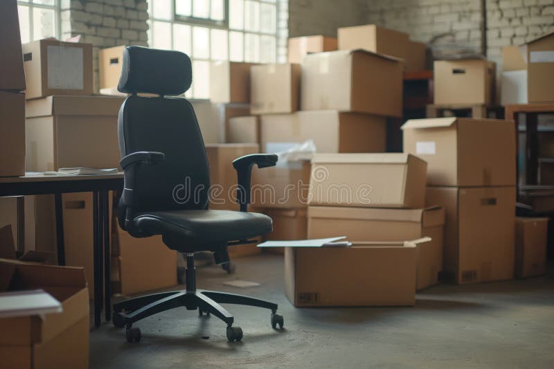 Office Chair in a Storage Room with Packed Boxes. Stock Photo - Image ...