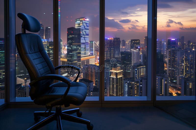 Office Chair Turned Towards Window Displaying Night Skyline Stock Image ...