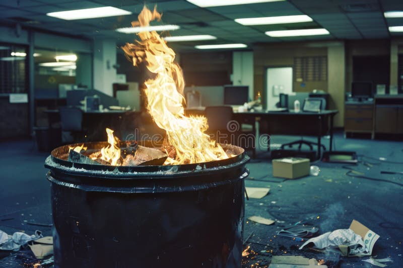 Office in Chaos with a Burning Trash Can. a Visual Depiction of a ...