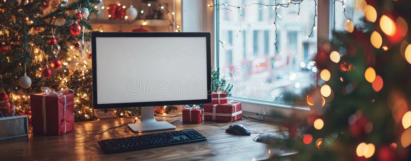 Office Christmas: Adorned Desk Featuring a Computer and a Christmas ...