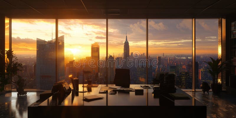 Office with City View at Sunset Stock Image - Image of generated ...