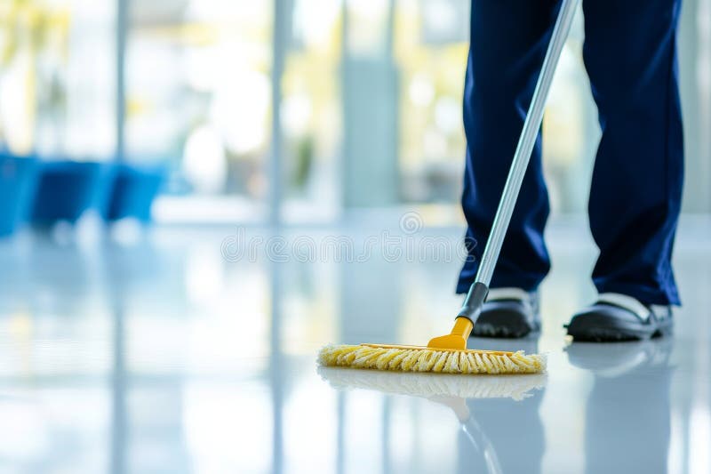 Office Cleaning Worker Using Mop To Maintain Cleanliness and Hygiene in ...