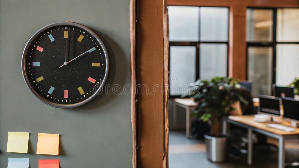 Office Clock with Sticky Notes, Teamwork and Time Management Stock ...
