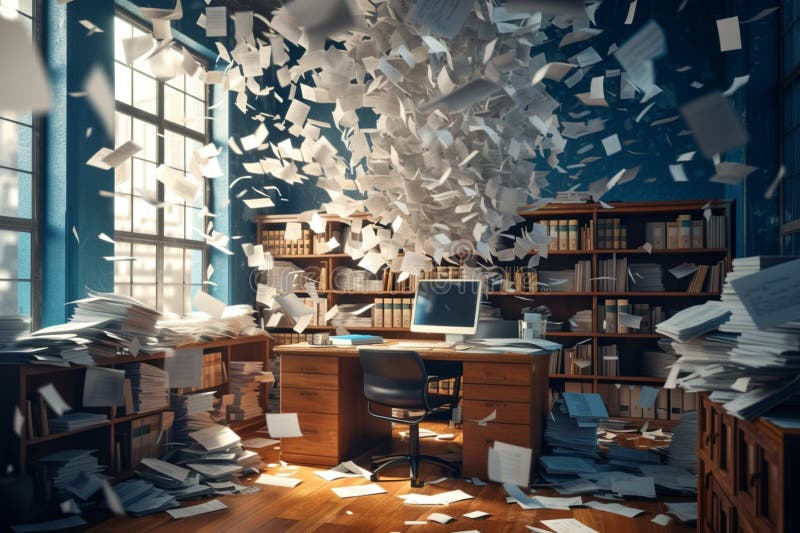 Office Clutter Documents Flying Over a Chaotic Workplace Scene Stock ...