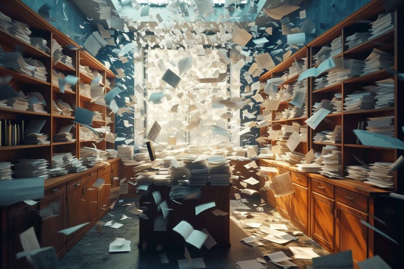 Office Clutter Documents Flying Over a Chaotic Workplace Scene Stock ...