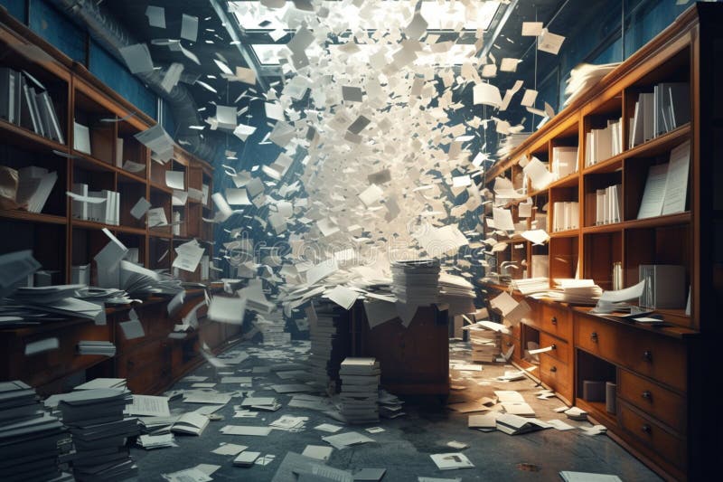 Office Clutter Documents Flying Over a Chaotic Workplace Scene Stock ...