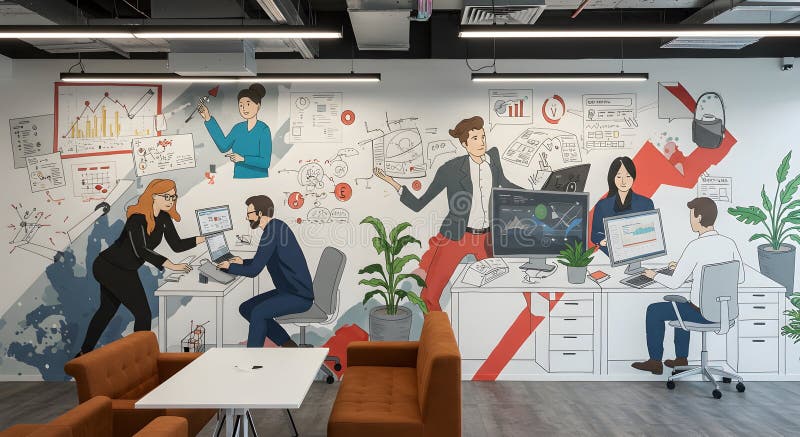Office Collaboration Space with Business Graphic Wall Decor Stock Photo ...