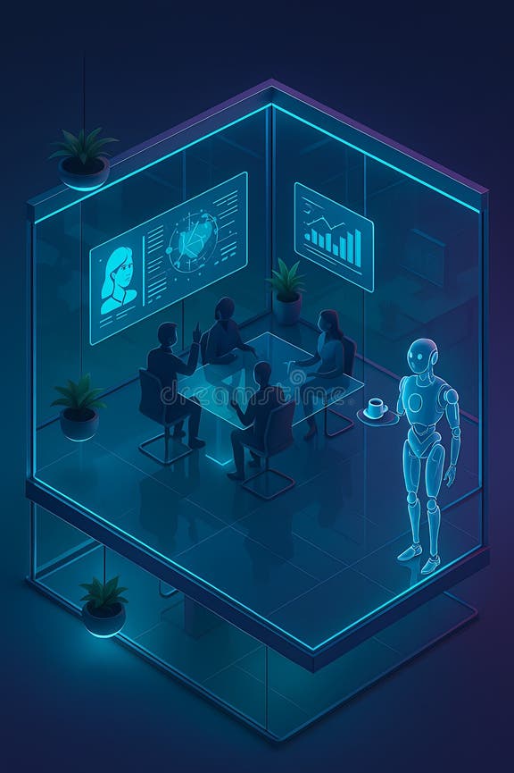 Office Collaboration: Technology and Robot in Workspace Stock Illustration - Illustration of ...