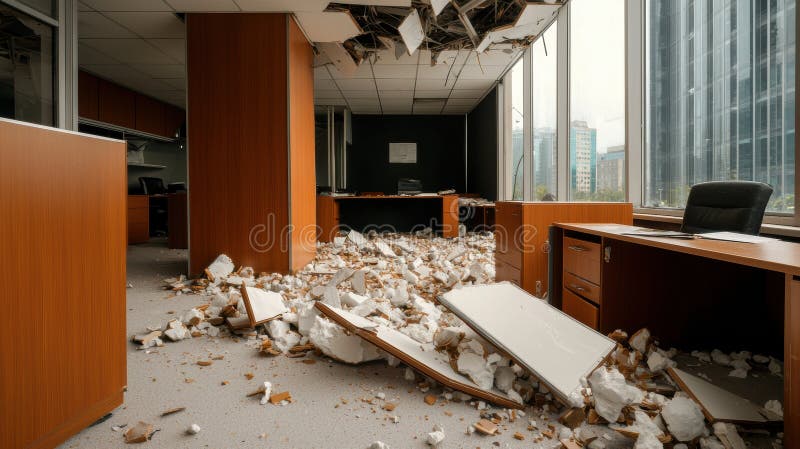 An Office with a Collapsed Ceiling Shows Debris Scattered Across Tables ...