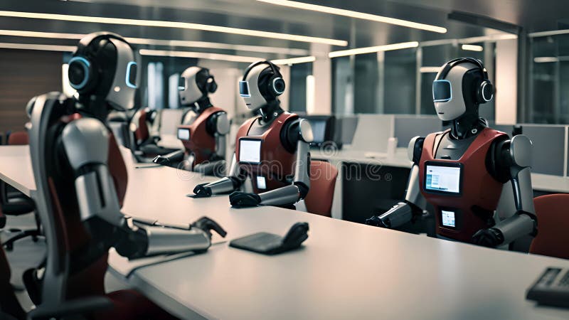 A Group of Robots at a Table in an Office with Gadgets and Camera Gear ...