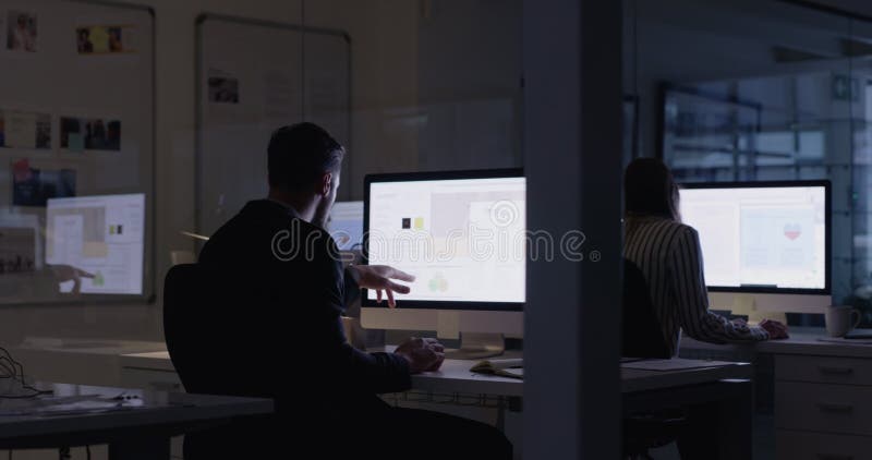 Office, Computer and Business People at Night Working Online for Web Design, Research and ...