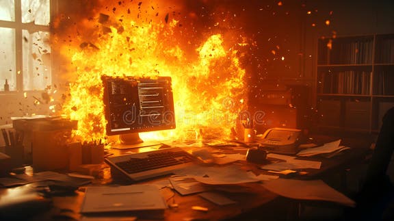Office Computer on Fire with Burning Documents and Flying Papers in ...