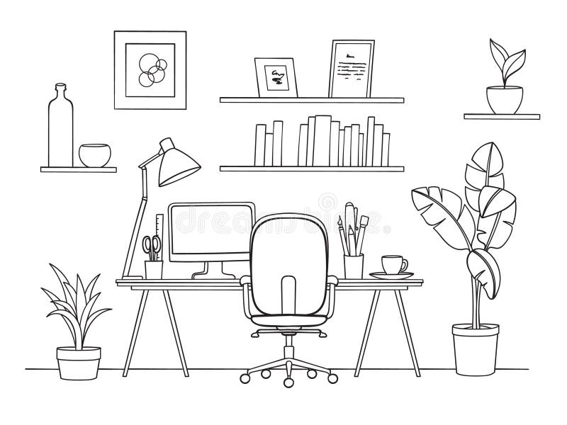 Office with Computer. Outline Stock Illustration - Illustration of ...