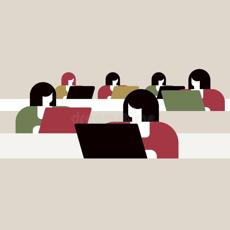 Female Students Working with Their Computer Systems in a Class Room Stock Vector - Illustration ...
