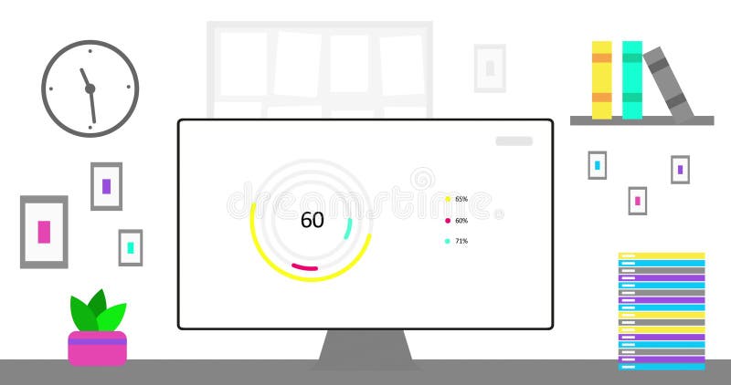 Office Computer with Simple Modern Round Infographics on Screen. Modern ...