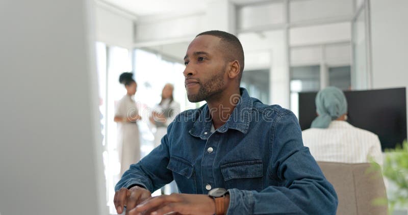 Office Computer, Thinking and Black Man Reading Feedback Review of ...