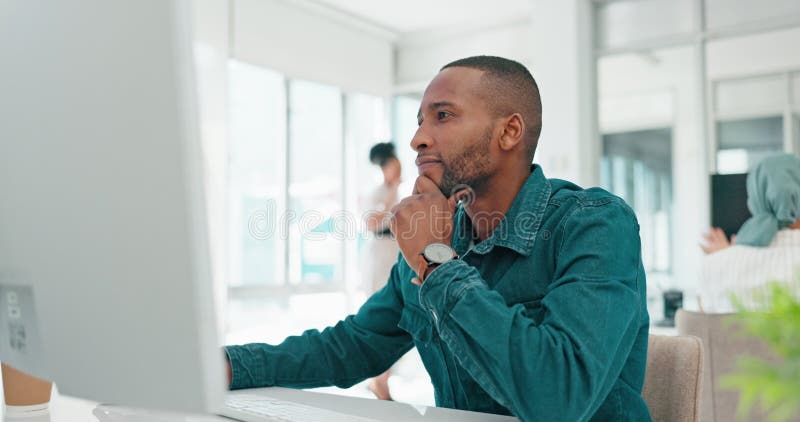 Office Computer, Thinking and Black Man Reading Feedback Review of ...