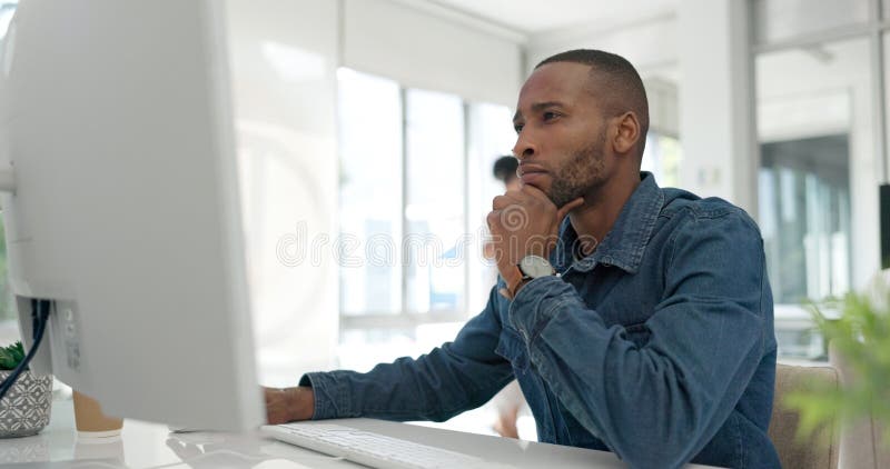 Office Computer, Thinking and Black Man Reading Feedback Review of ...