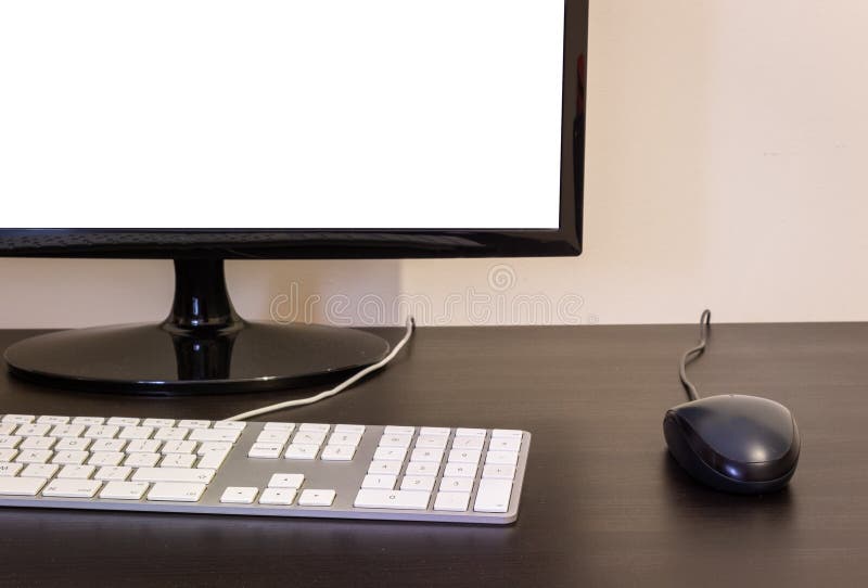 Office Computer on Wooden Black Desk Mockup. LCD Screen, Keyboard ...
