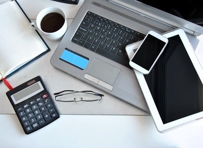 Office with Computers and Phones Stock Image - Image of depth, input ...