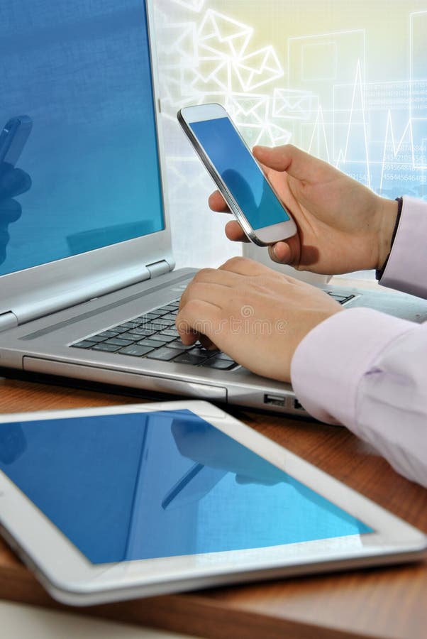 Office with Computers and Phones Stock Image - Image of depth, input ...