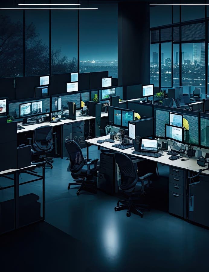 Office with Computers Showing Night View of City Stock Illustration ...