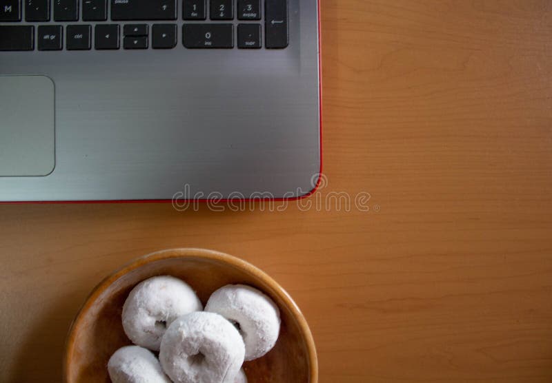Office Concept with Laptop and Delicious Donuts Stock Photo - Image of ...