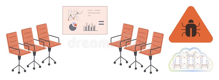 Office Chairs in a Meeting Setup with Data Charts, a Bug Warning Sign ...