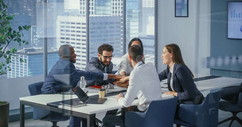 Office Conference Room Meeting: Diverse Team of Top Managers Stack ...