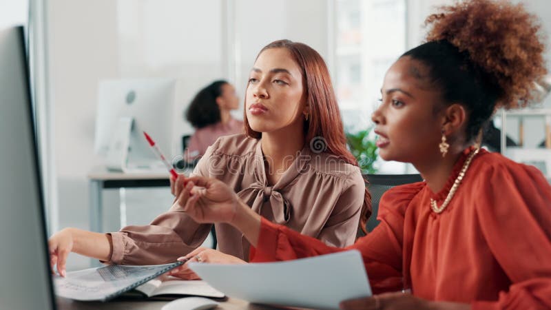 Office, Coworking and Computer with Paperwork, Discussion and Pointing ...