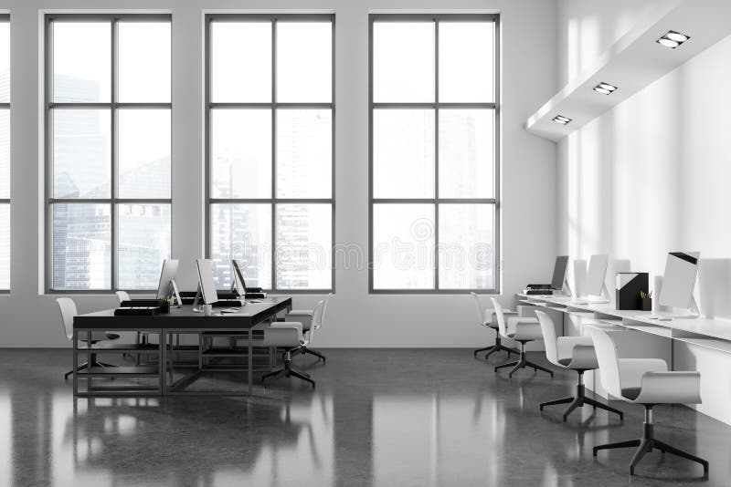 Office Coworking Interior with Pc Monitors in Row, Panoramic Window ...