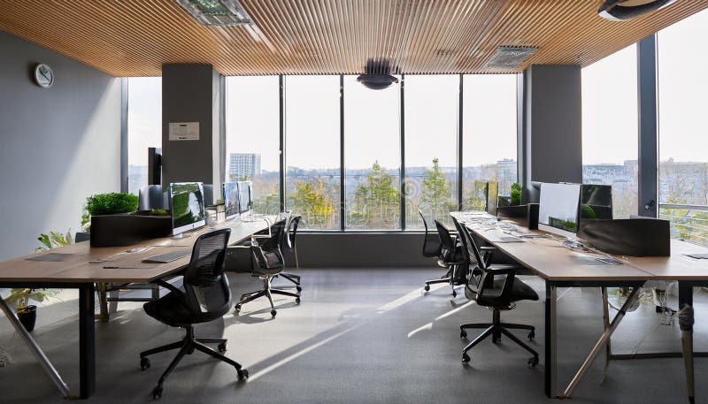 Office Coworking Interior with Tables and Pc Monitors, Window. Mockup ...