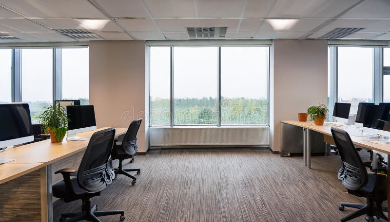 Office Coworking Interior with Tables and Pc Monitors, Window. Mockup ...