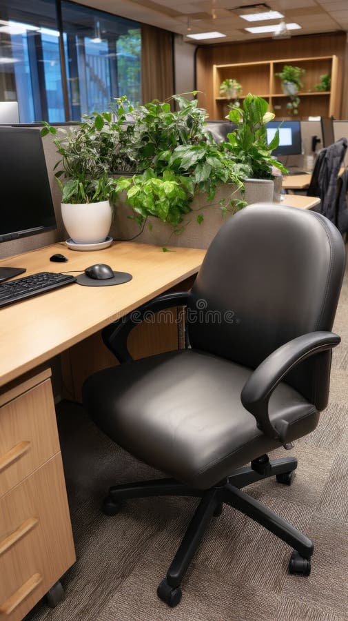 Office Cubicle Interior with Workstation Setup, Potted Plants, and an ...