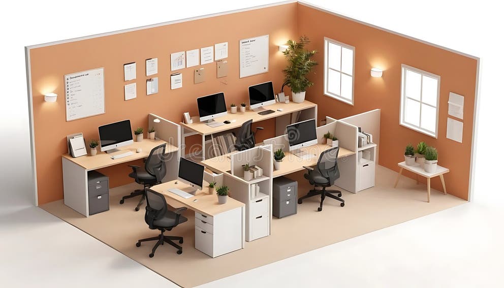 Office Cubicles with Computers and Natural Light Interior Workspace ...