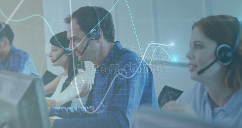 In Office, Customer Service Team Analyzing Data with Animation Overlay ...