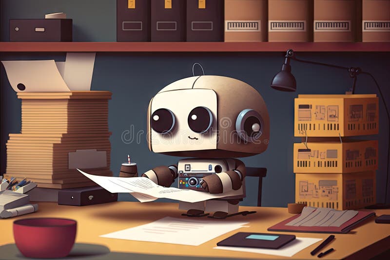 Office, with Cute Robot Assistant Sorting and Filing Paperwork Stock ...