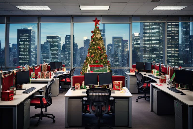 An Office Decorated for Christmas with a Christmas Tree Stock ...