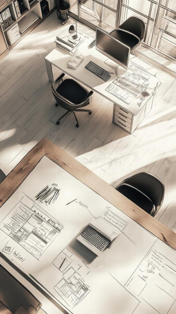 Office Design Layout Sketches on Table with Computer and Architecture ...