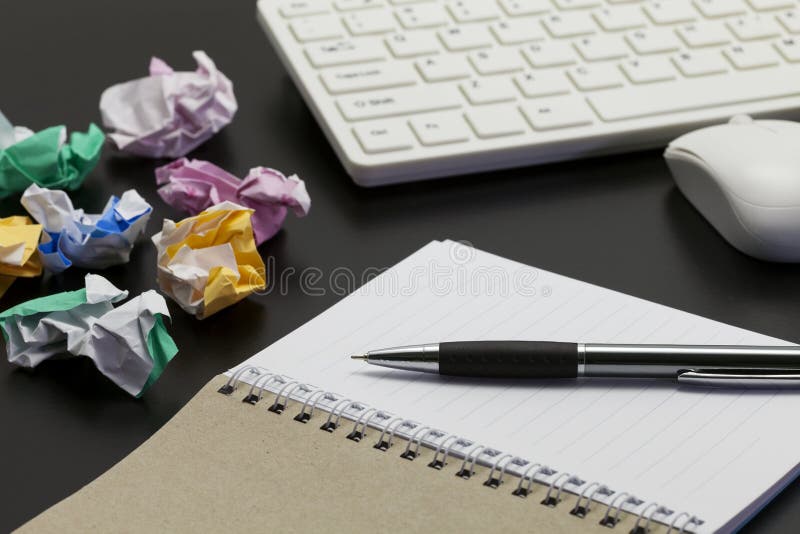 Office Desk Black Table with Pen and Notebook ,computer. Stock Photo ...