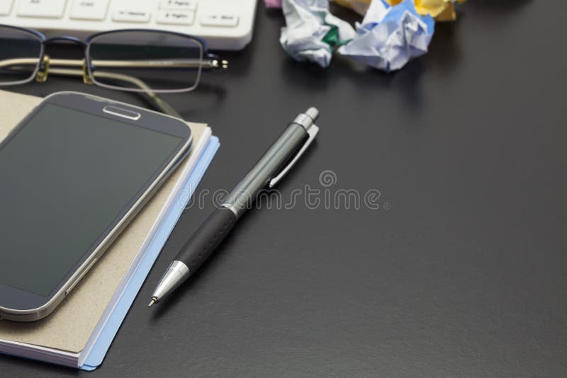 Office Desk Black Table with Pen and Notebook ,computer. Stock Image ...