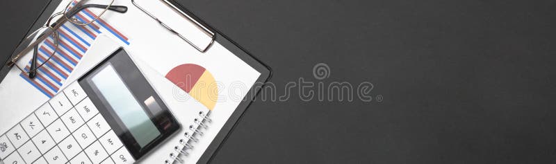 Office Desk Table With Keyboard Notepad Chart And Calculator Top