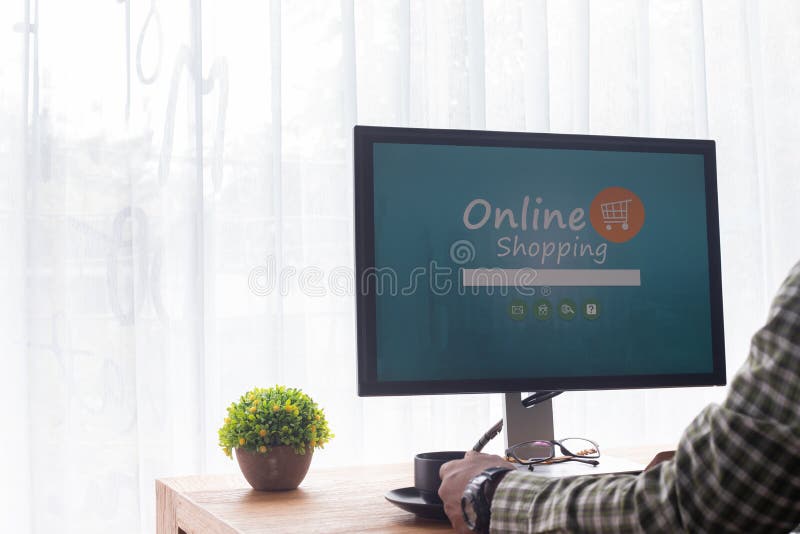 Office Desk with Businessman Using Virtual Online Shopping Website on ...