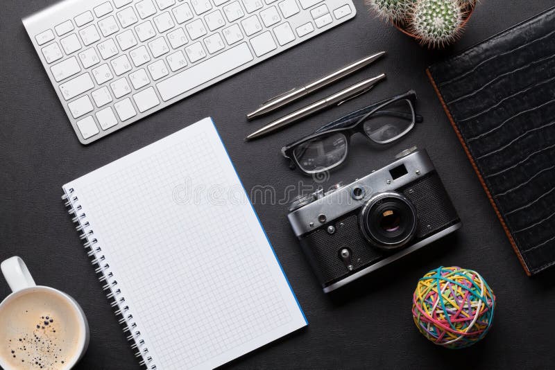 Office Desk with Camera, Pc, Notepad Stock Photo - Image of coffee ...