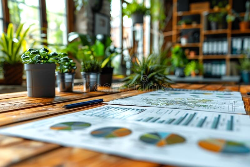 Office Desk with Charts and Documents Surrounded by Green Plants in a ...