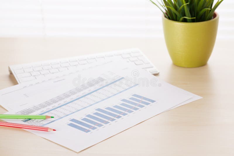 Office Desk with Charts, Plant and Pc Stock Image - Image of modern ...