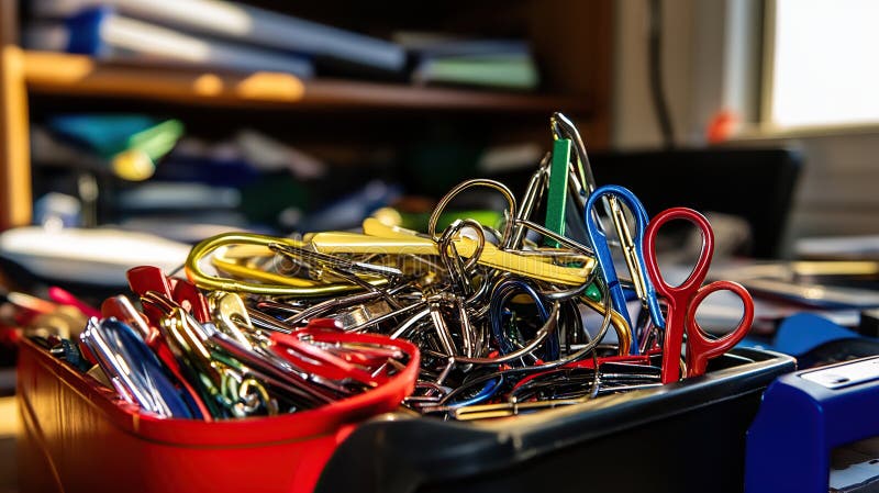 Office Desk Clutter Paperclips, Scissors, Messy Supplies Stock Photo ...