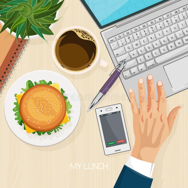 Office Desk with Computer, Burger, Coffee and Laptop. Top View Stock ...